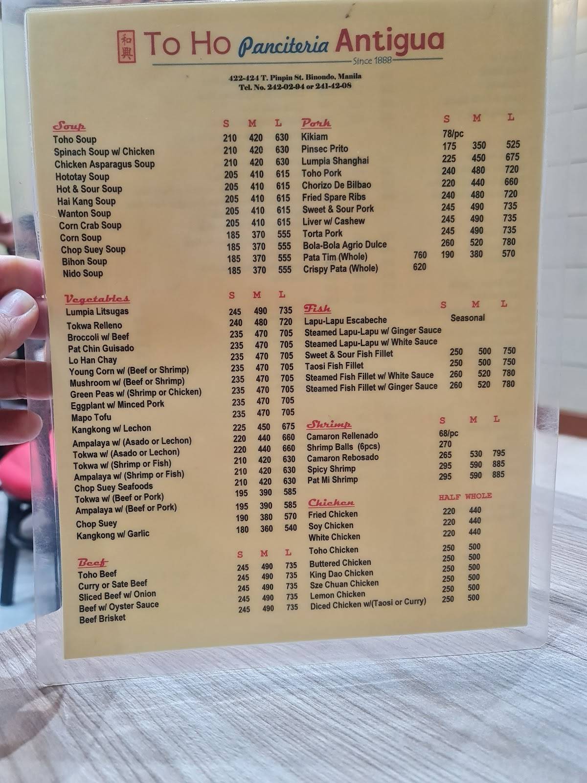 Menu at To Ho Panciteria Antigua restaurant, Manila, 422 Tomas Pinpin St