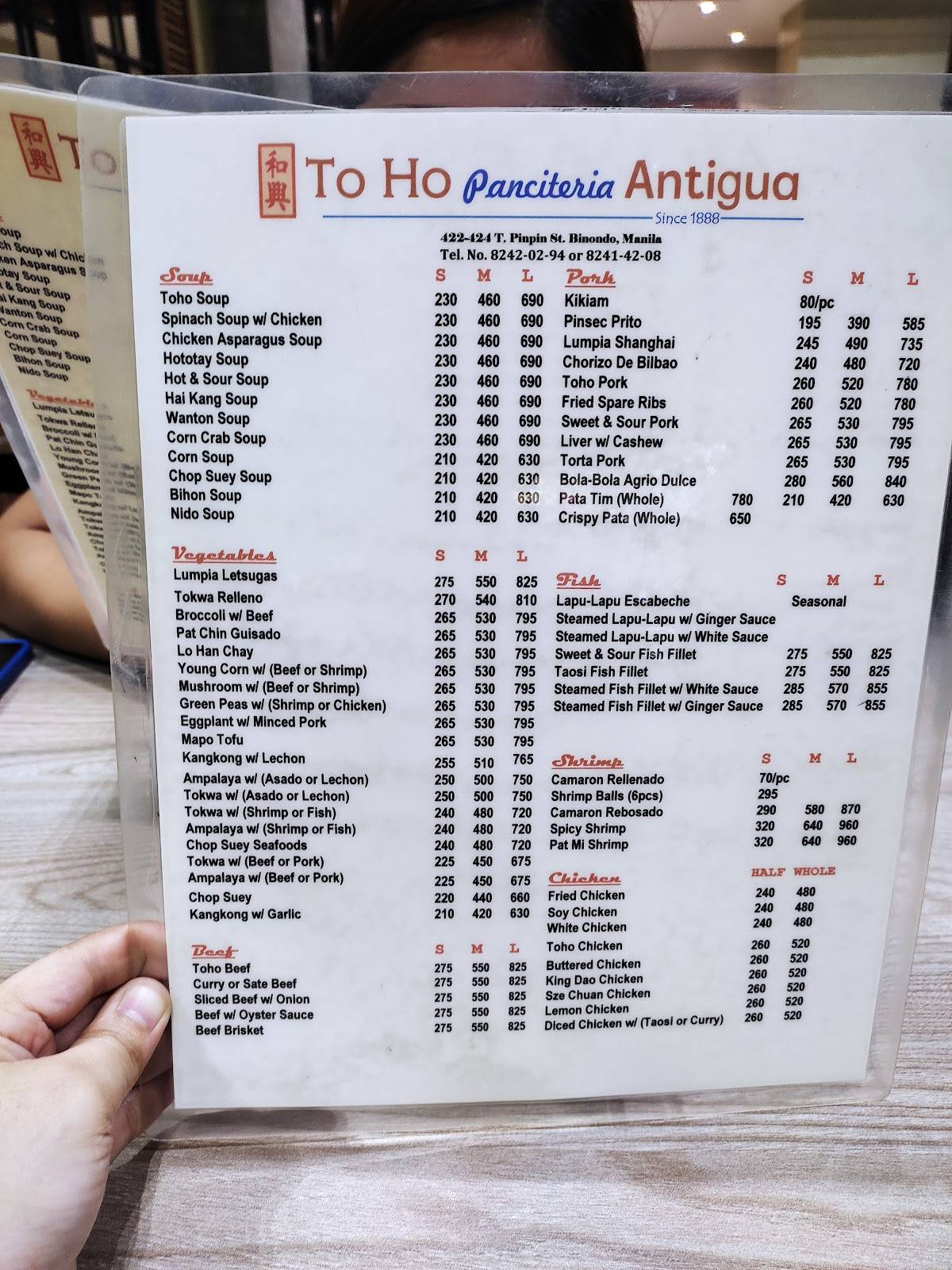 Menu at To Ho Panciteria Antigua restaurant, Manila, 422 Tomas Pinpin St