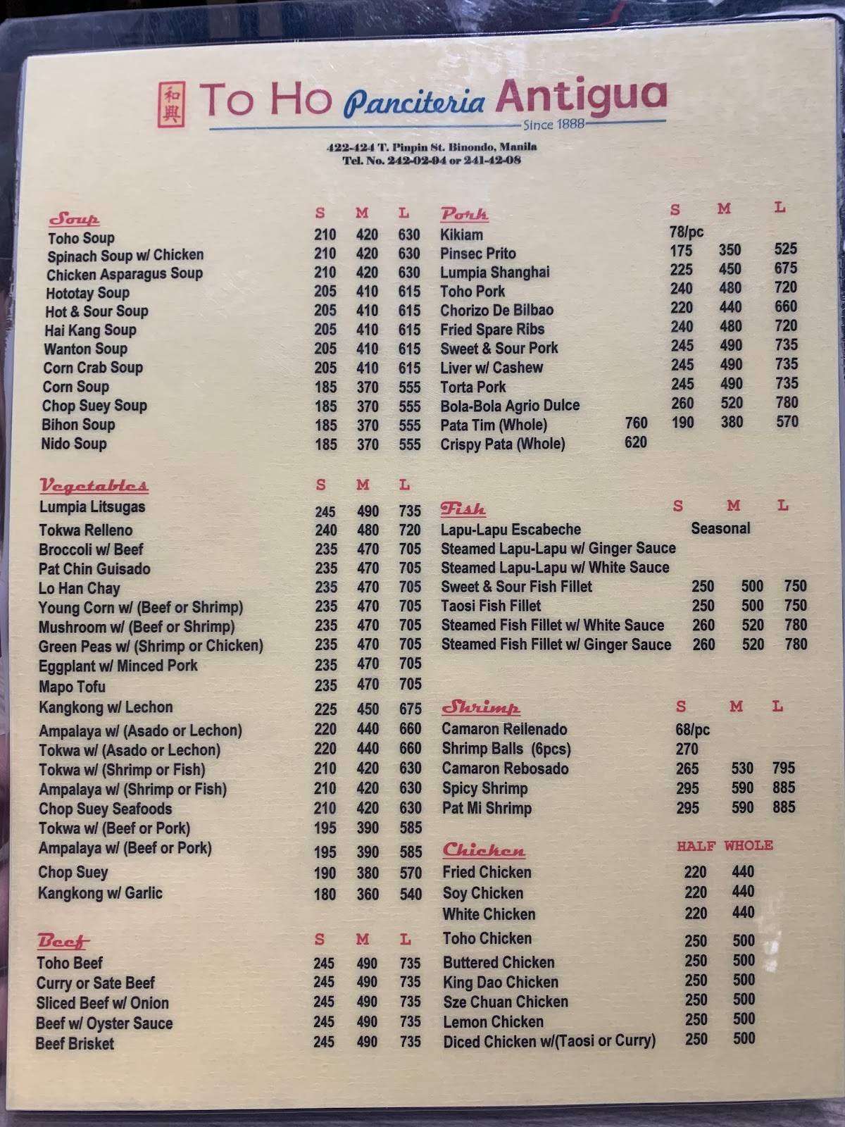 Menu at To Ho Panciteria Antigua restaurant, Manila, 422 Tomas Pinpin St