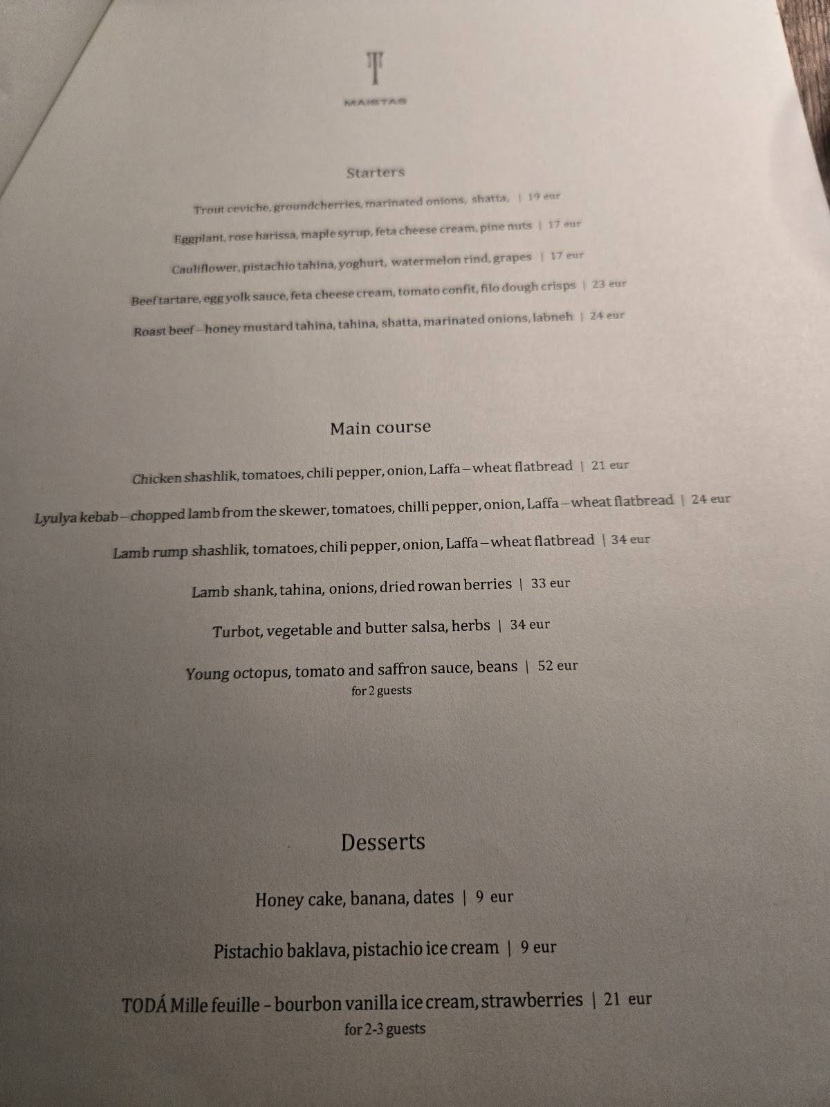 Menu at Toda Palanga restaurant, Palanga