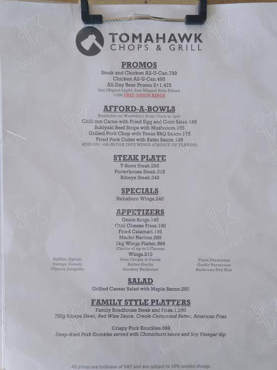 Menu at Tomahawk Chops & Grill restaurant, Pasay