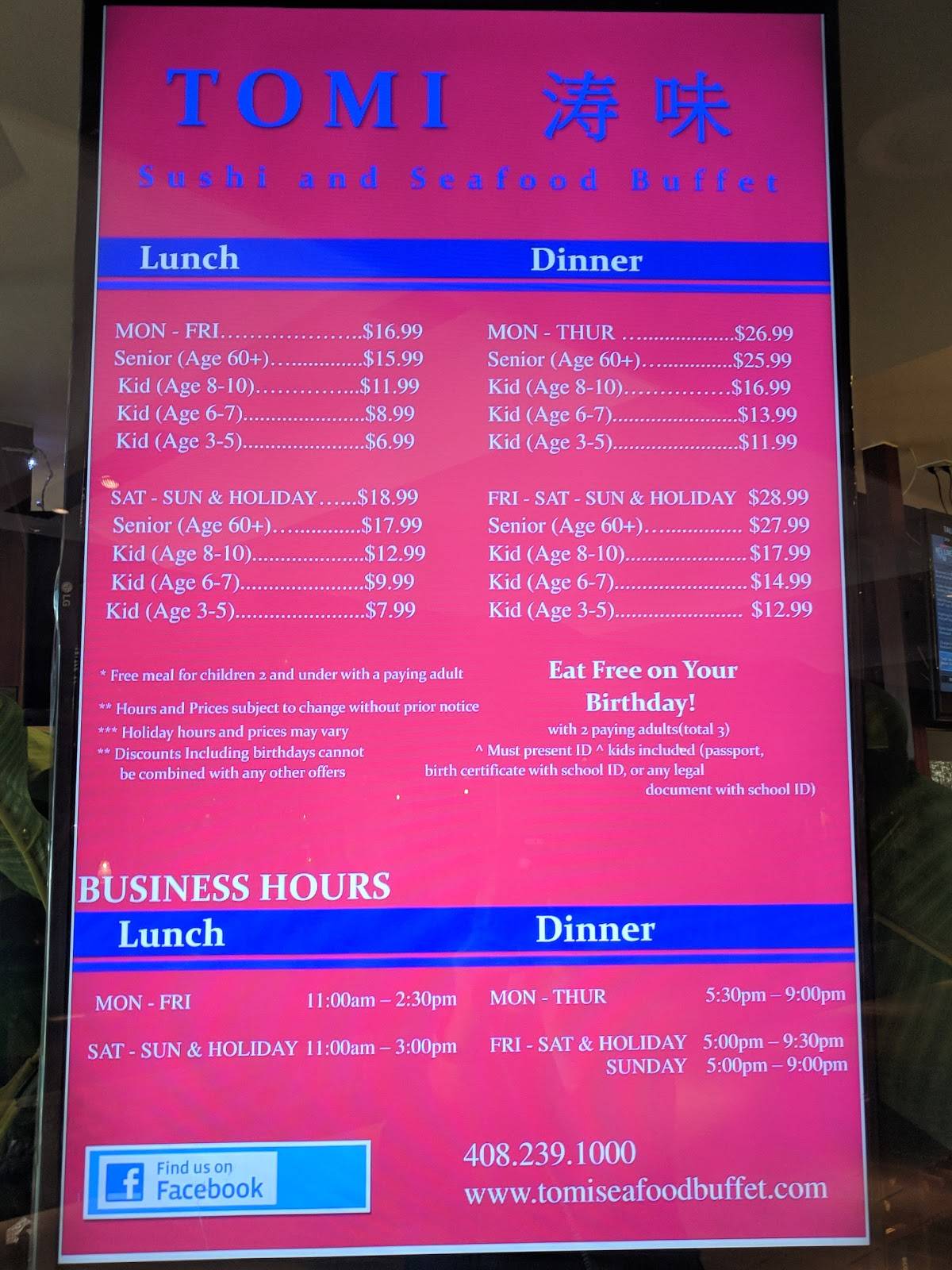 Menu at Tomi Sushi & Seafood Buffet restaurant, San Jose, Eastridge ...