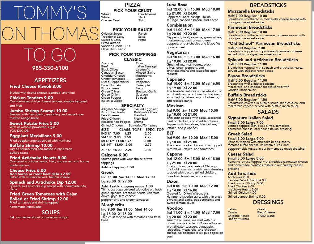 Menu at Tommy's on Thomas pizzeria, Hammond