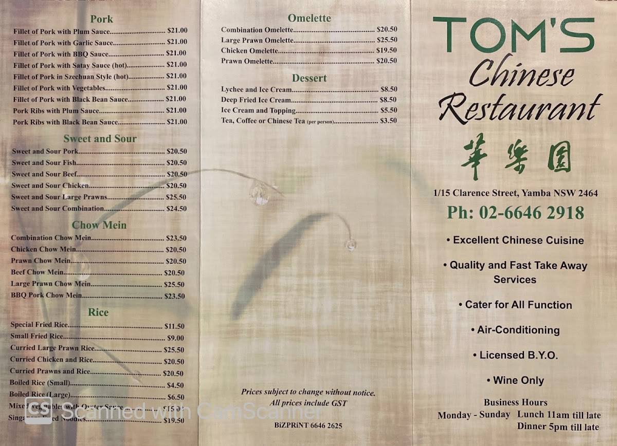 Menu at Tom's Seafood Chinese Restaurant, Yamba