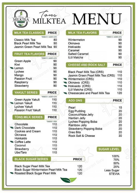 Menu at TONS MIlktea Station cafe, Mandaue City