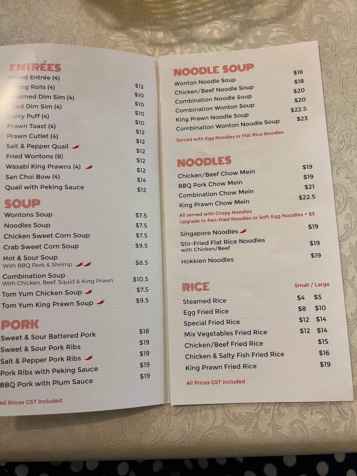 Menu at Tony's Chinese Restaurant, Bilinga