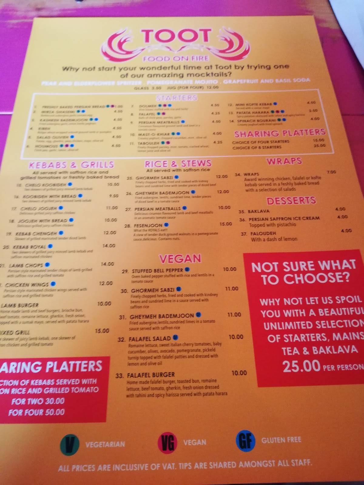 Menu at Toot restaurant, Plymouth