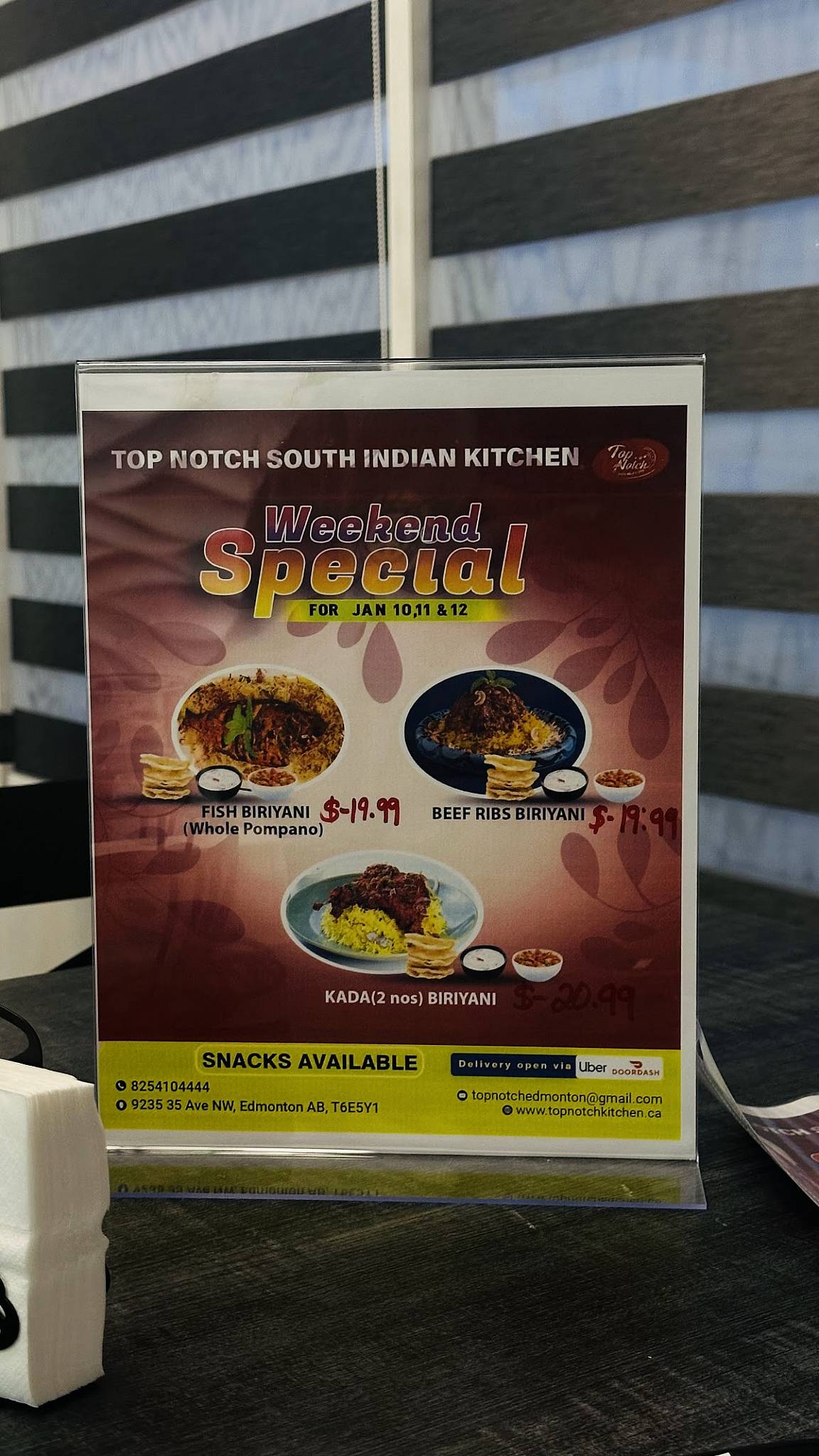 Menu at Top Notch South Indian Kitchen restaurant, Edmonton