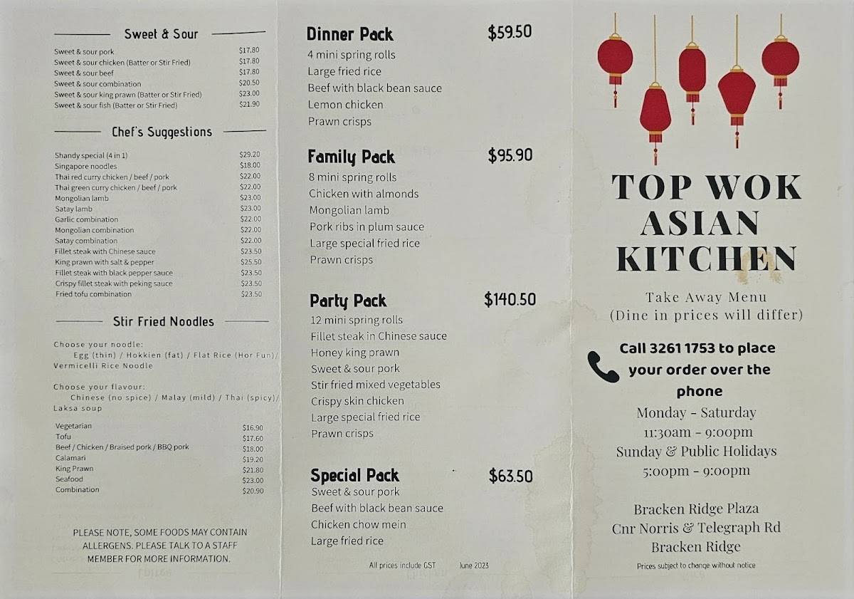 Menu at Top Wok Asian Kitchen fast food, Bracken Ridge