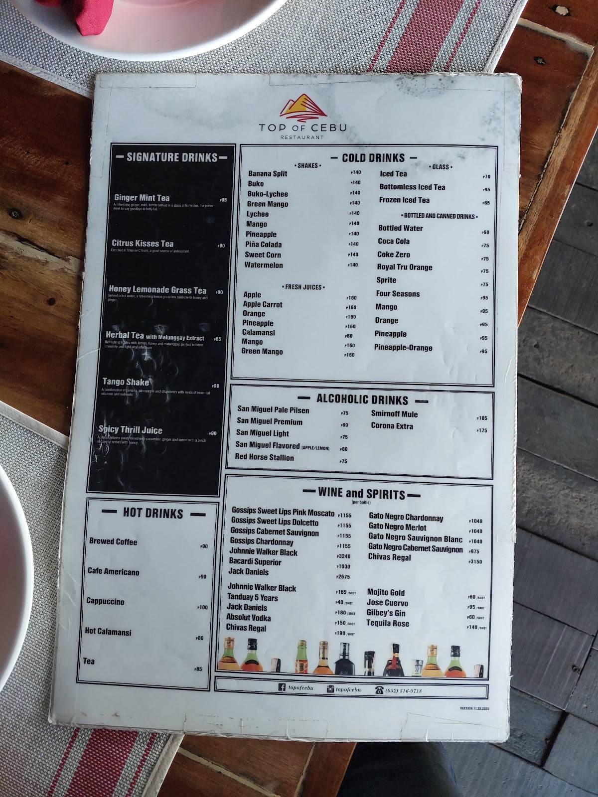 Menu at Top of Cebu restaurant, Cebu City