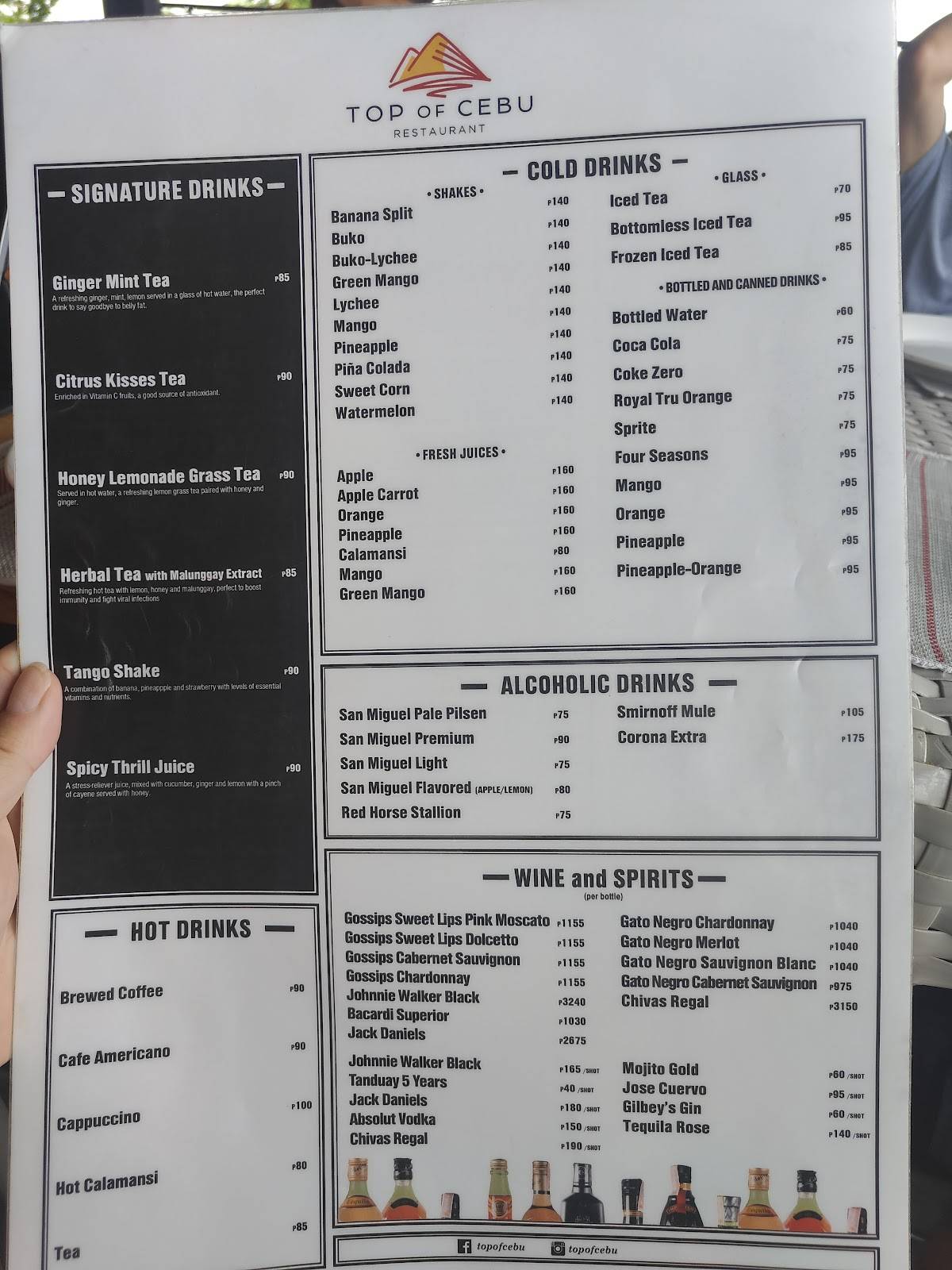 Menu at Top of Cebu restaurant, Cebu City