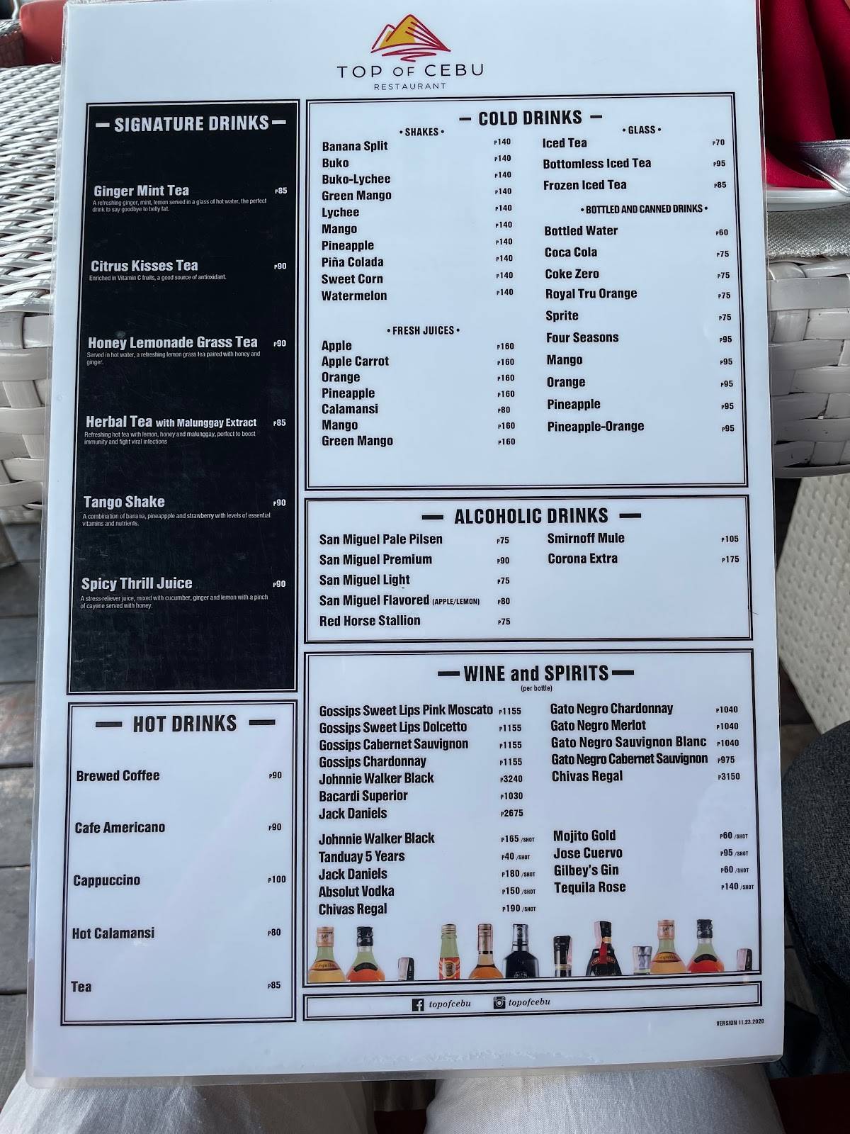 Menu at Top of Cebu restaurant, Cebu City