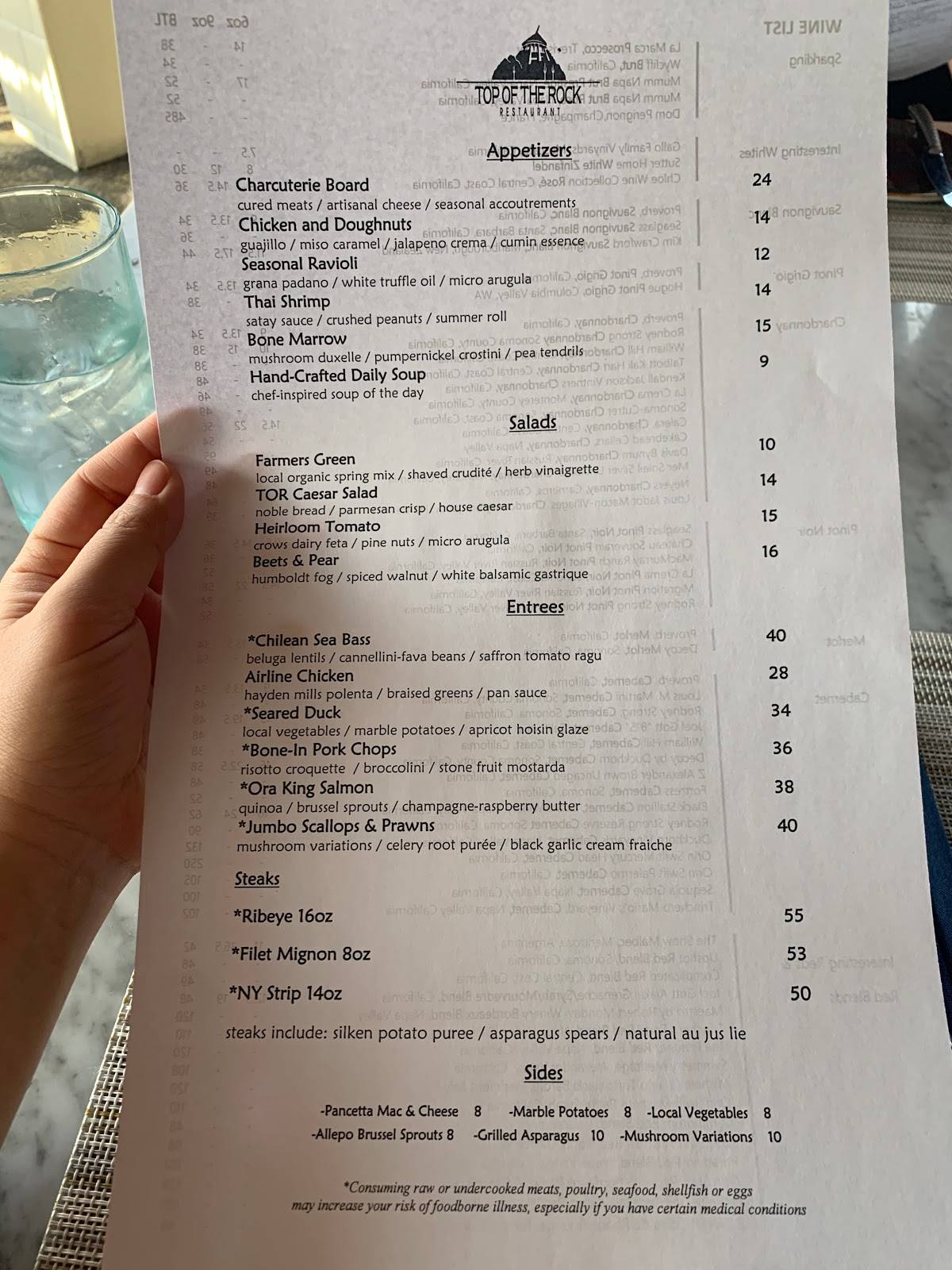 Menu at Top of the Rock Restaurant, Tempe