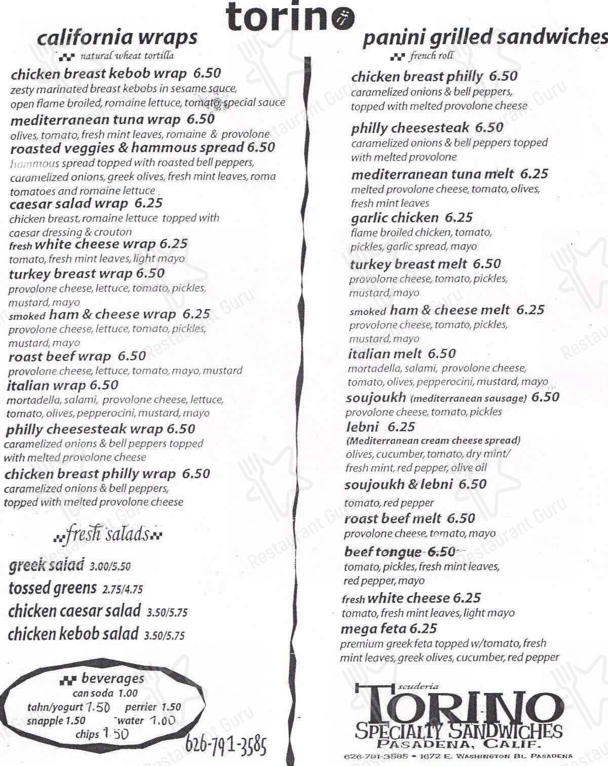 Menu at Torino Chicken restaurant, Pasadena