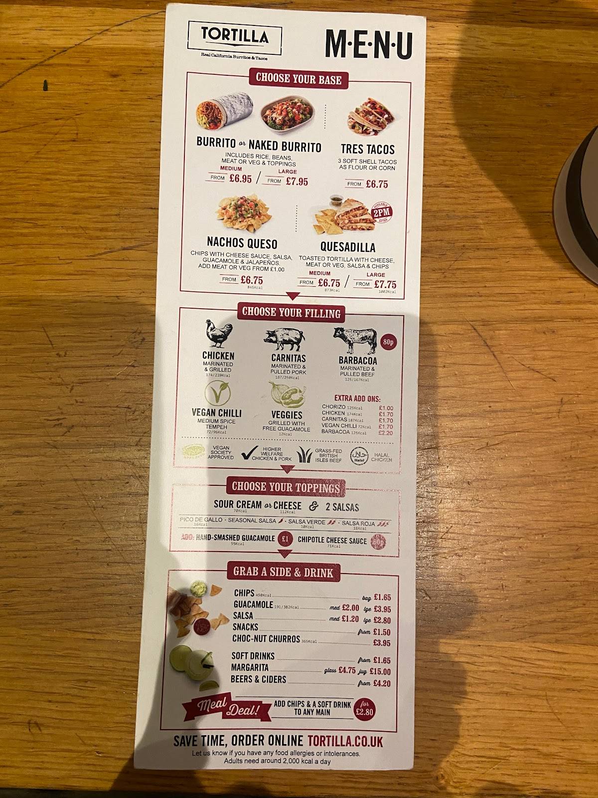 Carta de comida rápida Tortilla Russell Square, Londres, 5 Bernard St