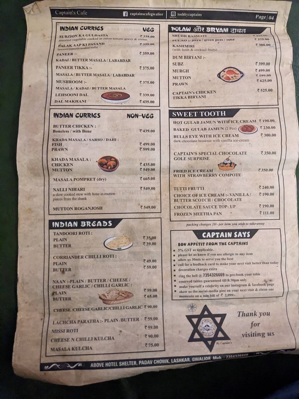 Menu at Tosh by Captain's Cafe, Gwalior