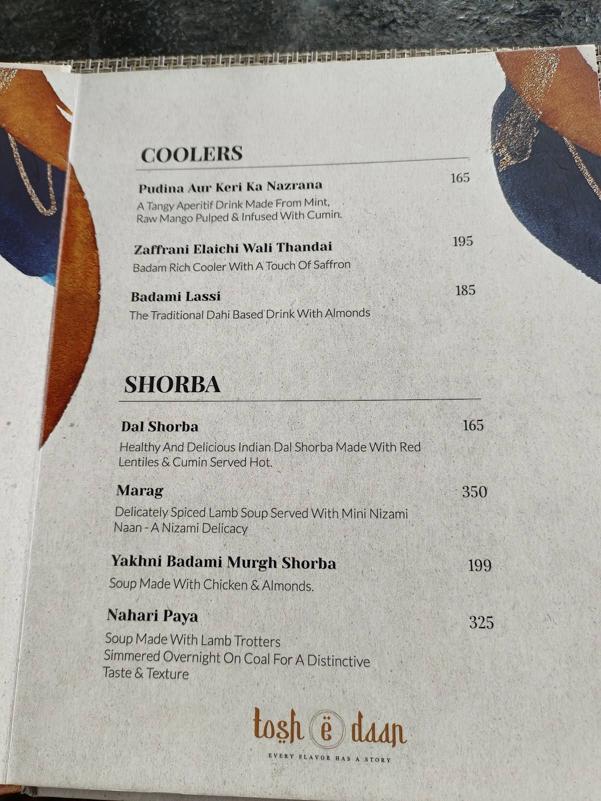 Menu at Tosh-e-daan, Hyderabad