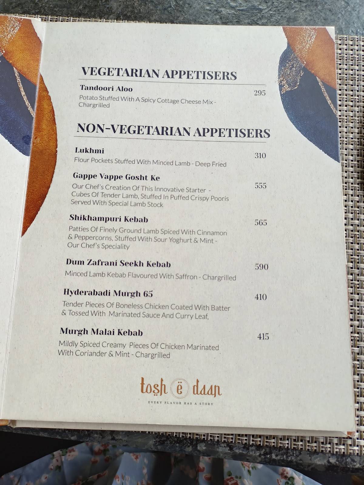 Menu at Tosh-e-daan, Hyderabad