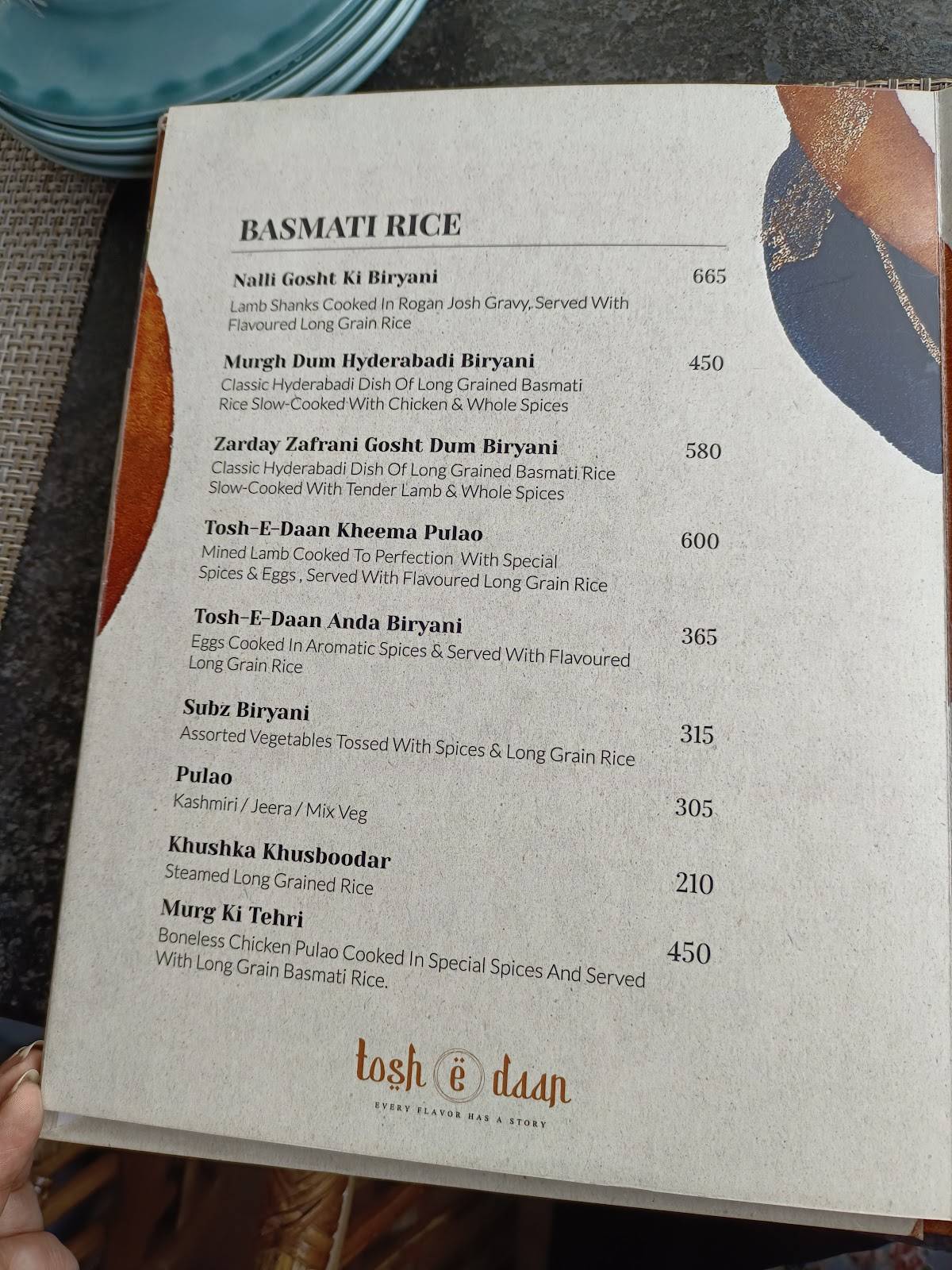 Menu at Tosh-e-daan, Hyderabad