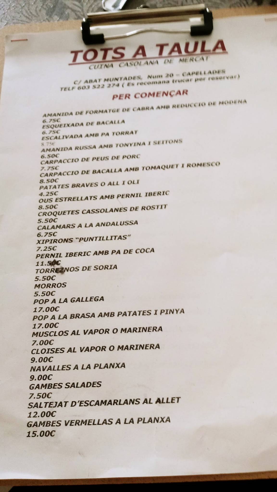 Menu at Tots A Taula restaurant, Capellades