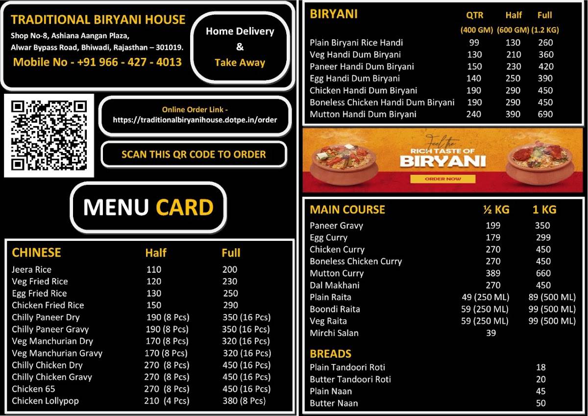 Menu at Traditional Biryani House, Bhiwadi