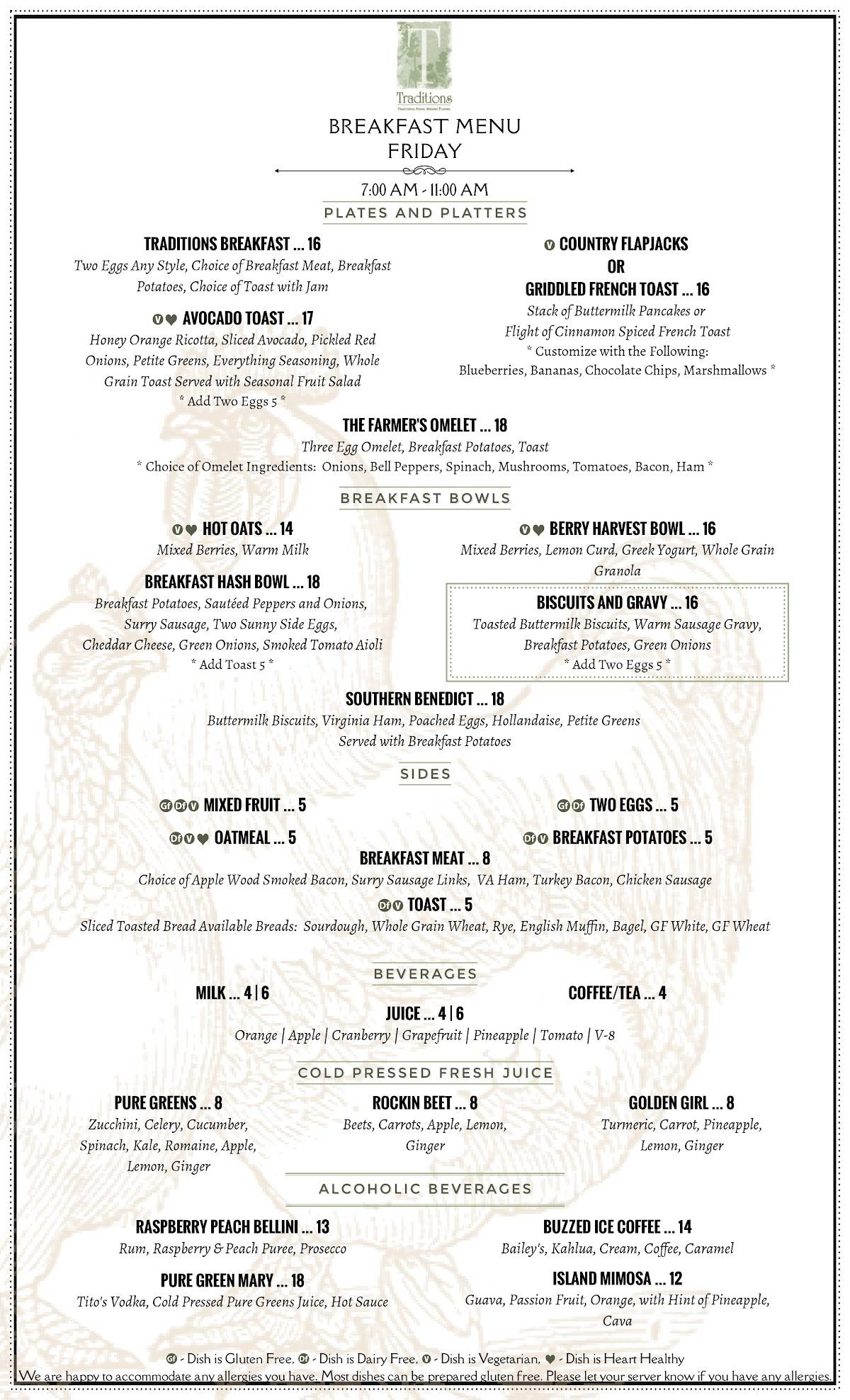 Menu at Traditions restaurant, Williamsburg