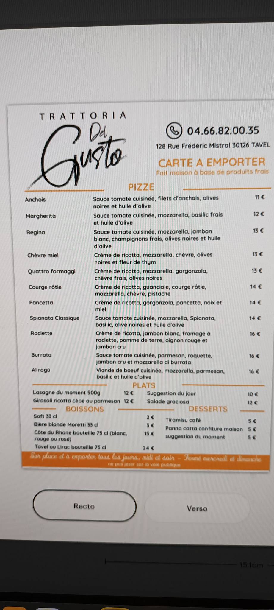 Menu at Trattoria DEL GUSTO restaurant, Tavel