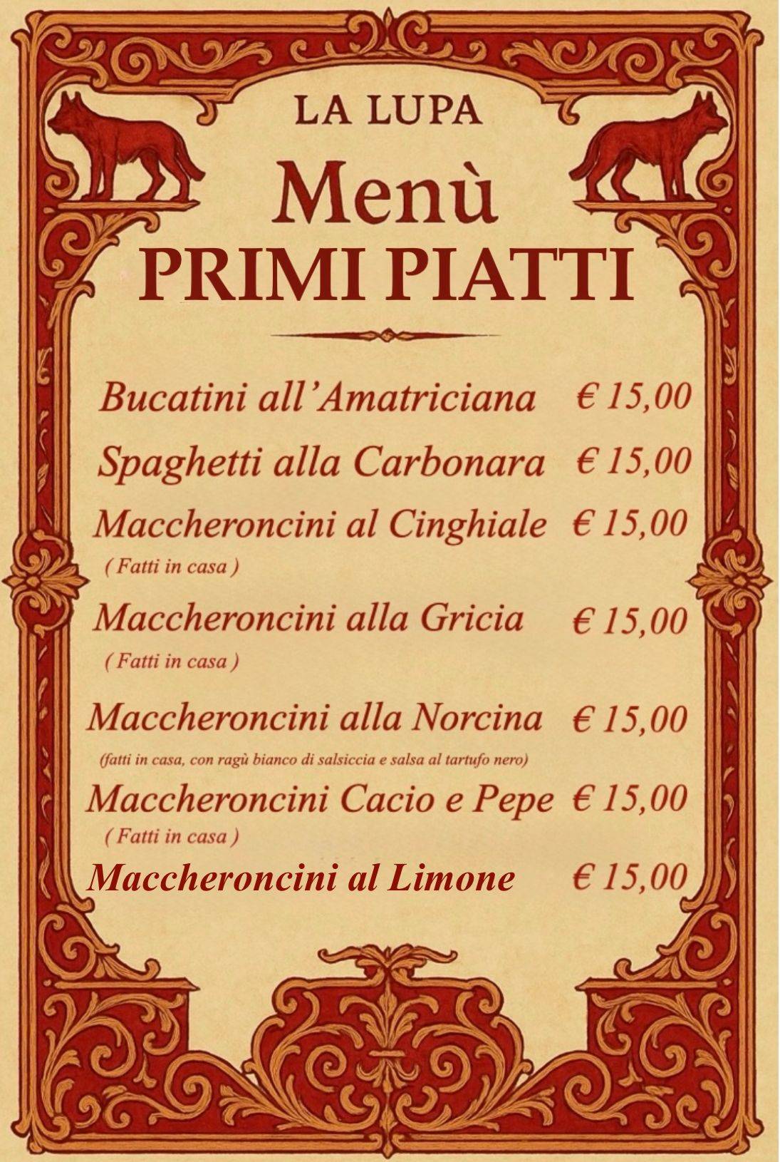 Menu at Trattoria Romana La Lupa restaurant, Nerviano