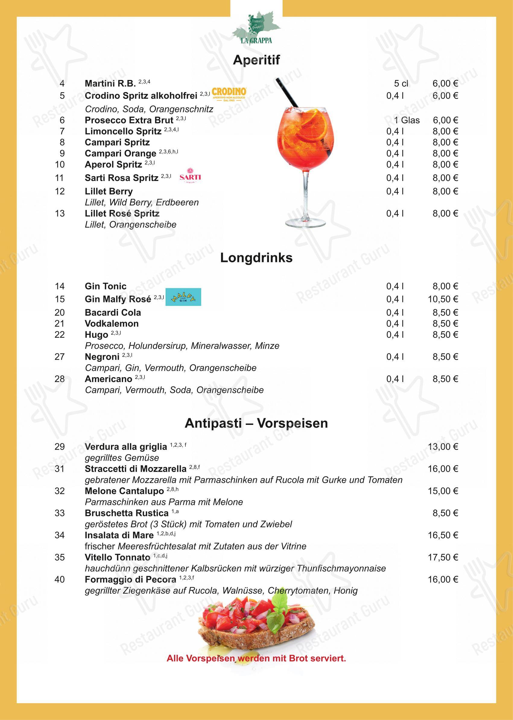 Menu at Trattoria la Grappa restaurant, Erfurt