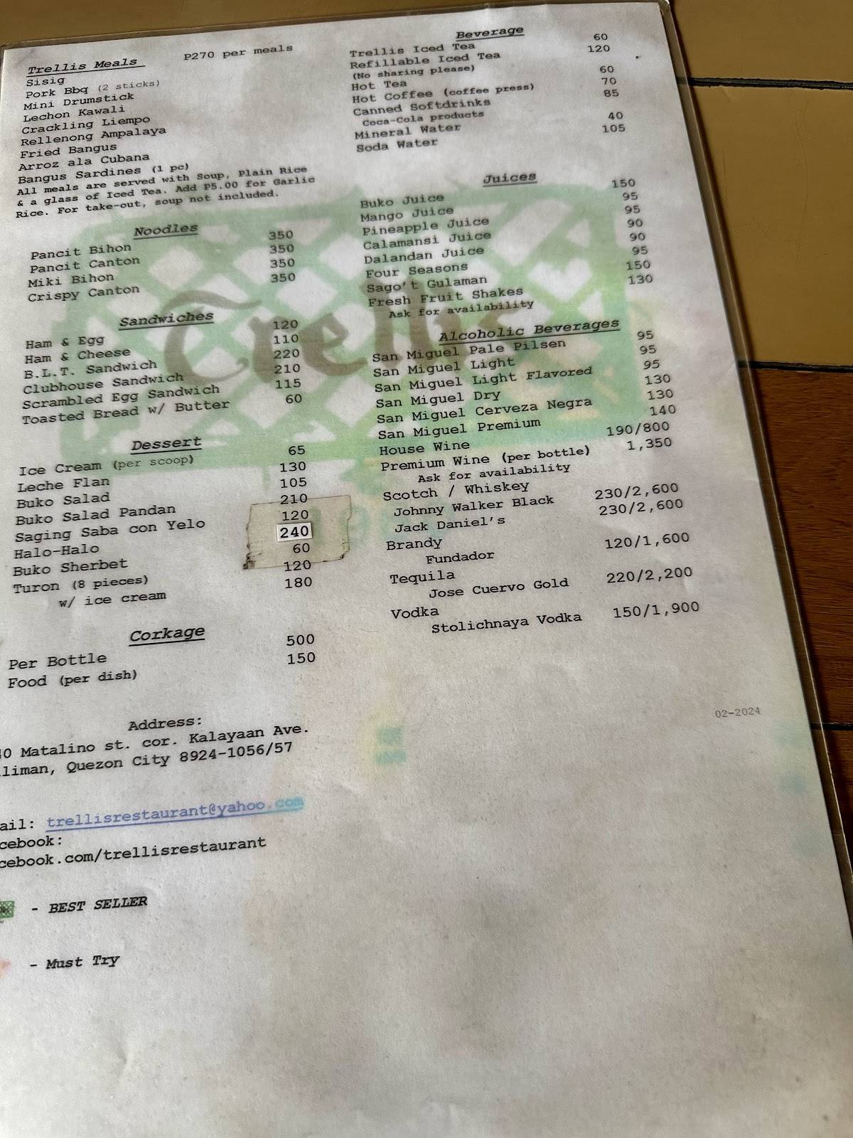 Menu at Trellis restaurant, Quezon City
