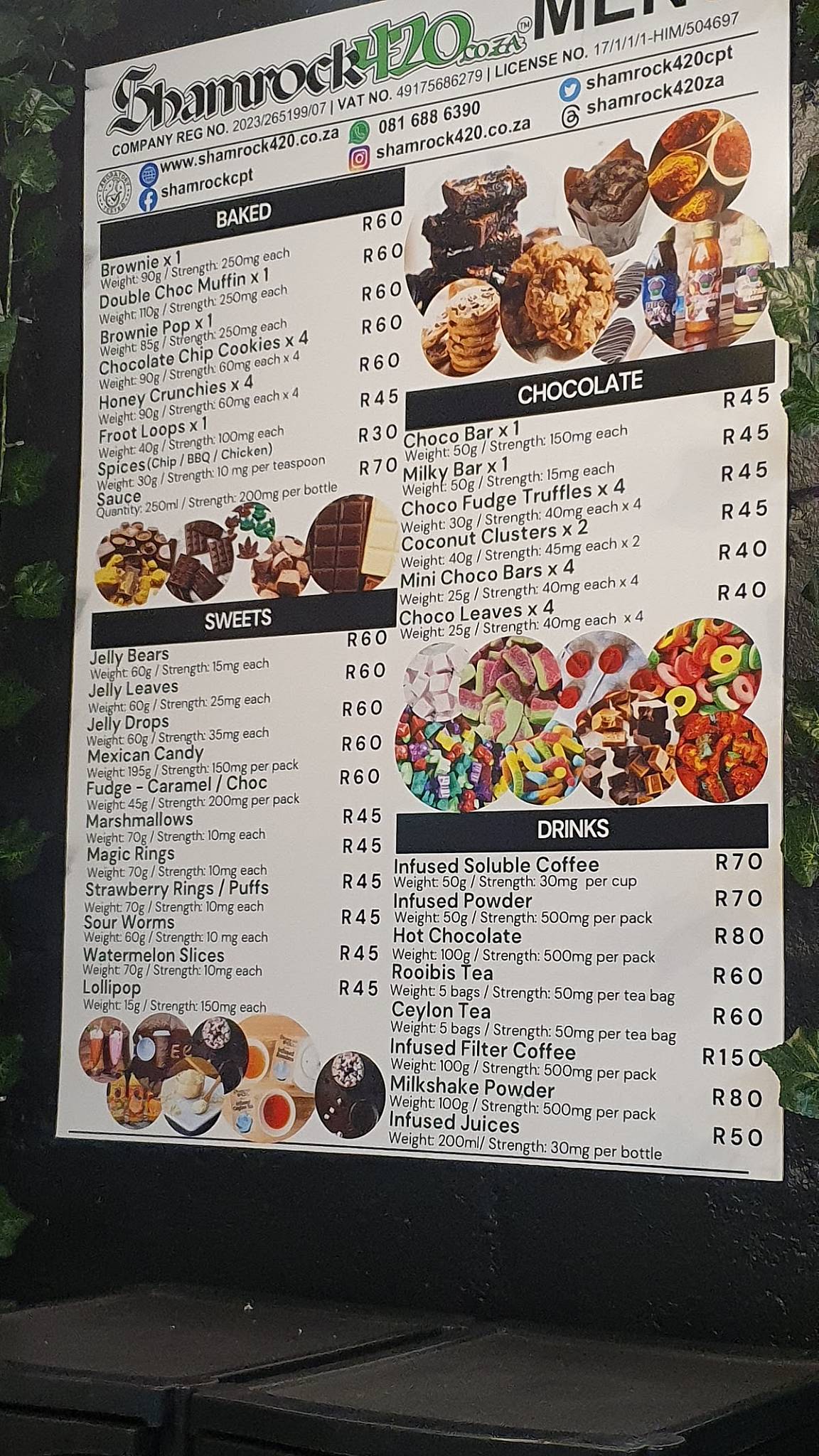 Menu at Trenchtown restaurant, Cape Town