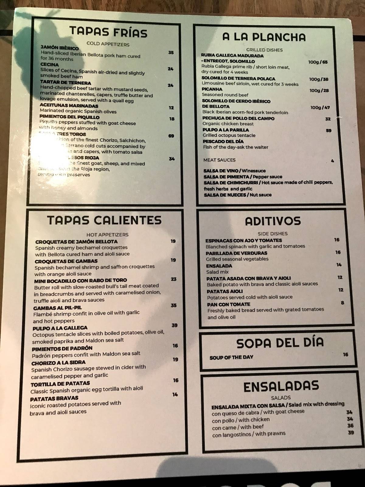 Carta del restaurante Tres Toros, Varsovia