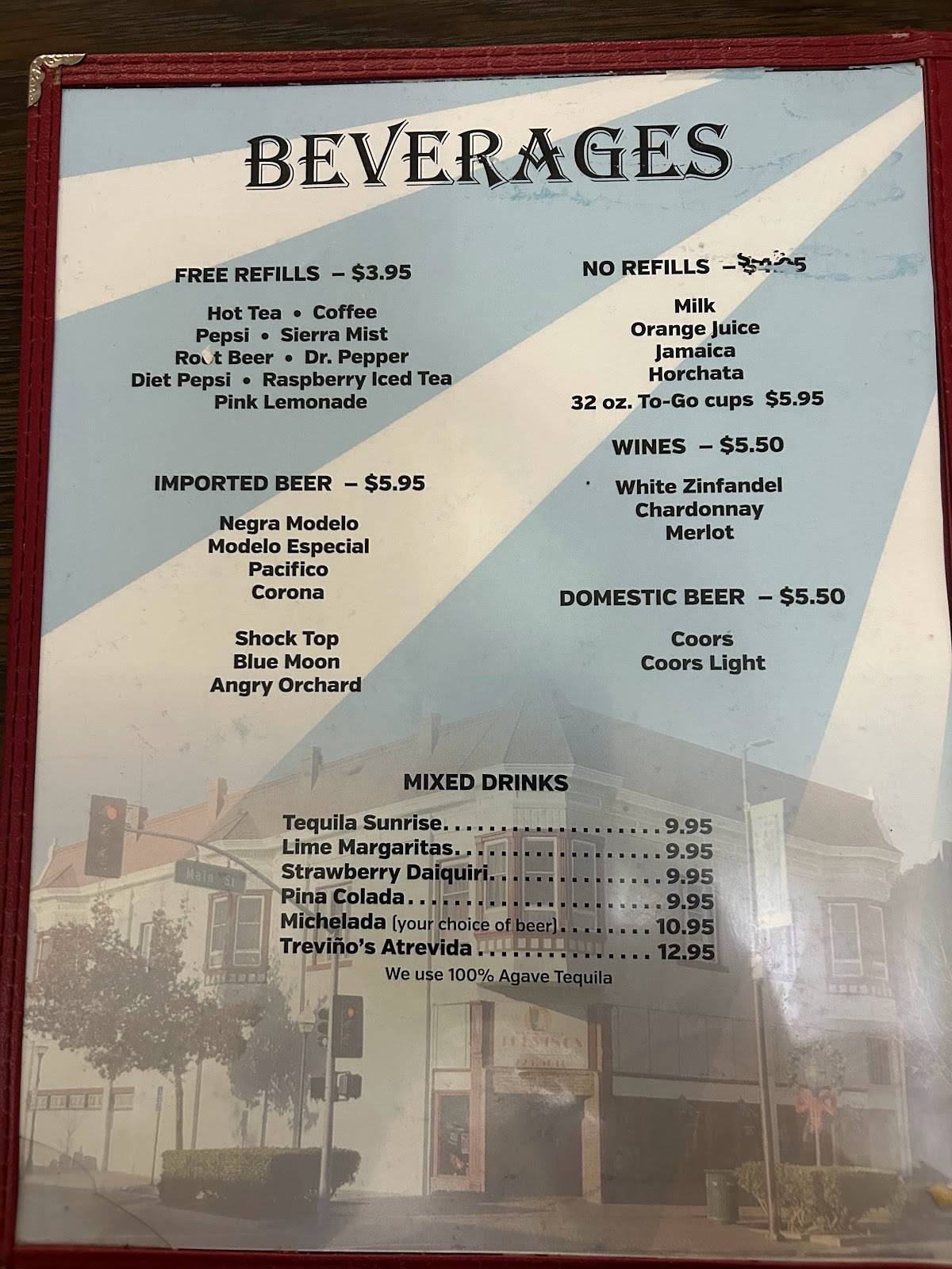 Menu at Trevino's restaurant, Merced