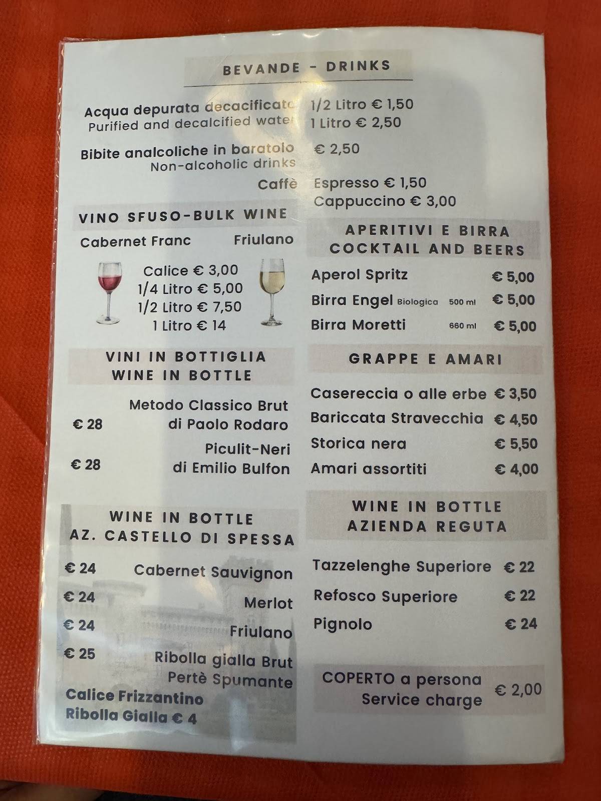 Menu at Trattoria Mara restaurant, Trieste