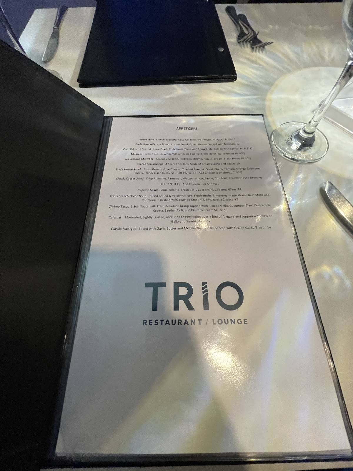 Menu at Trio restaurant, Sydney