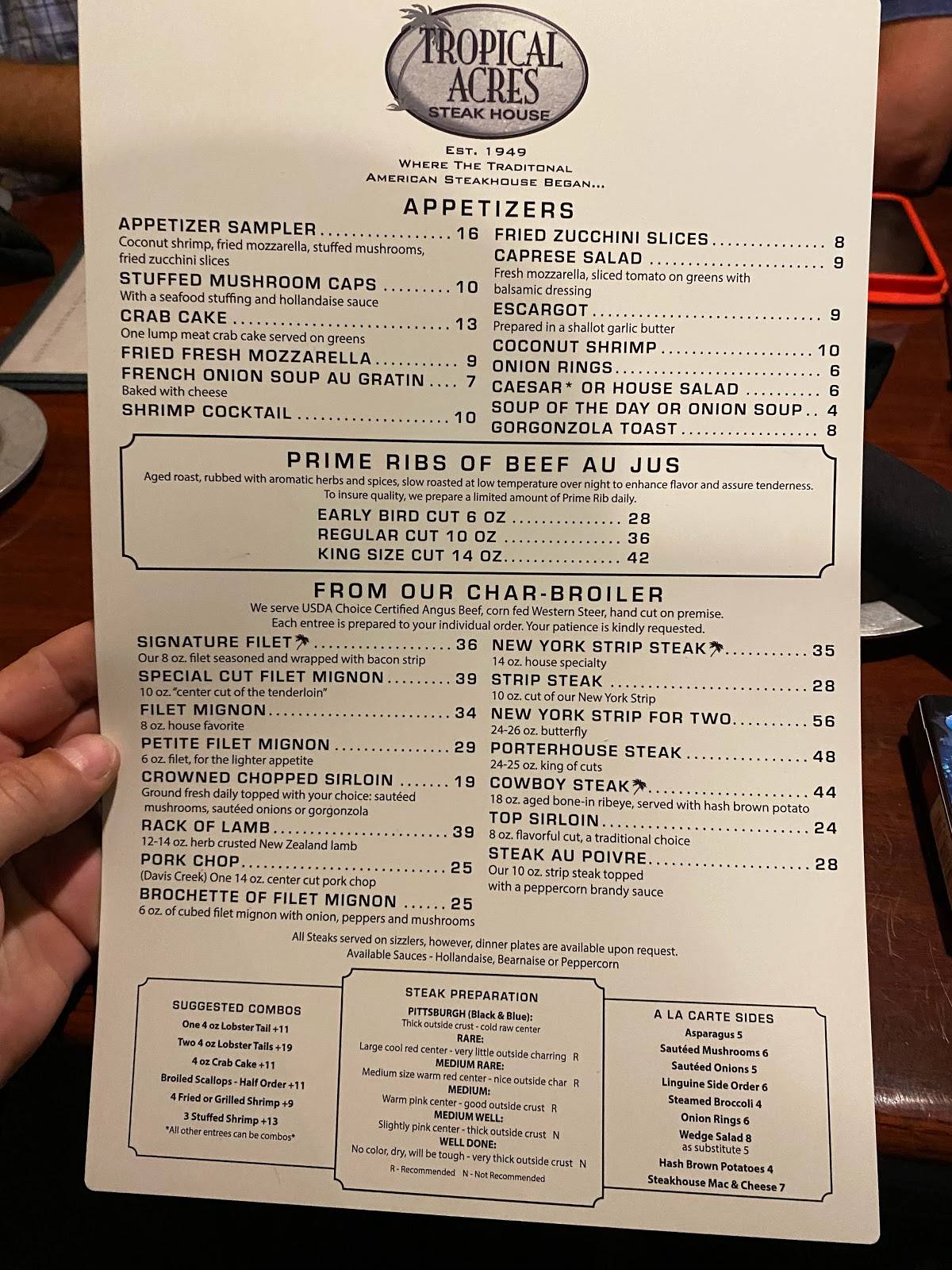 Menu at Tropical Acres Steakhouse, Fort Lauderdale, Griffin Rd