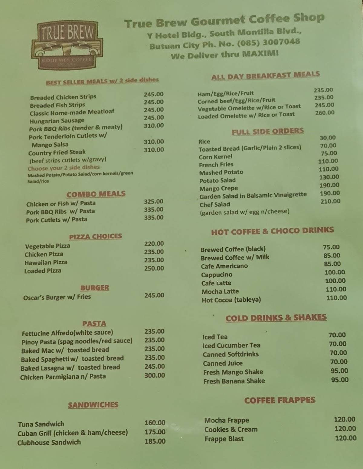Menu at True Brew Gourmet Coffee cafe, Butuan City, South 8600
