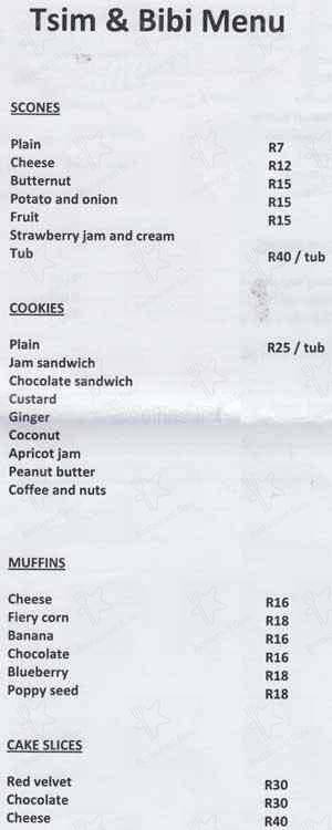 Menu at Tsim & Bibi cafe, Sandton