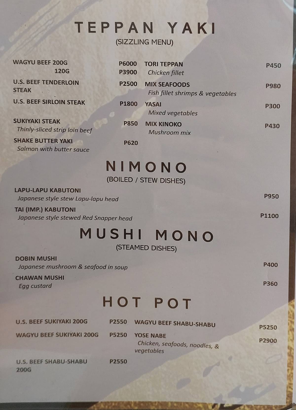 Menu at Tsumura restaurant, Makati