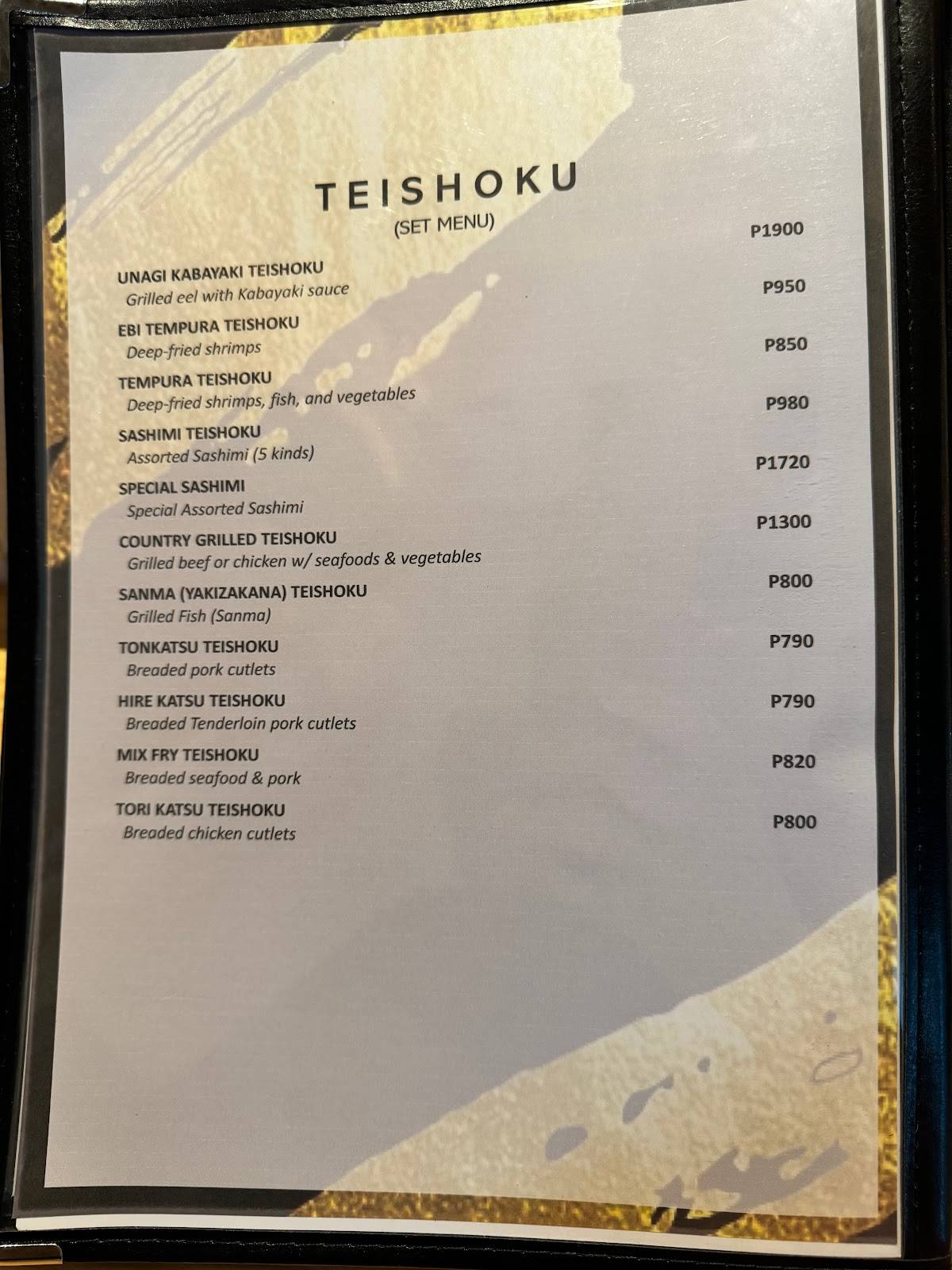 Menu at Tsumura restaurant, Makati
