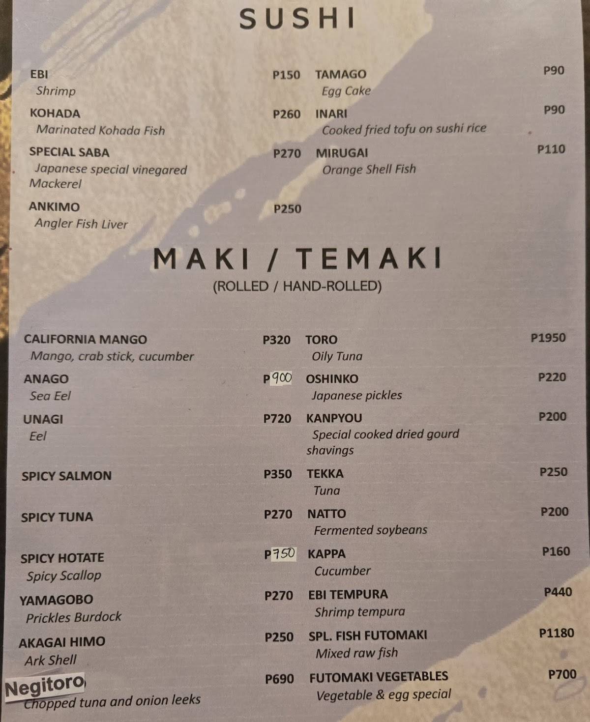 Menu at Tsumura restaurant, Makati
