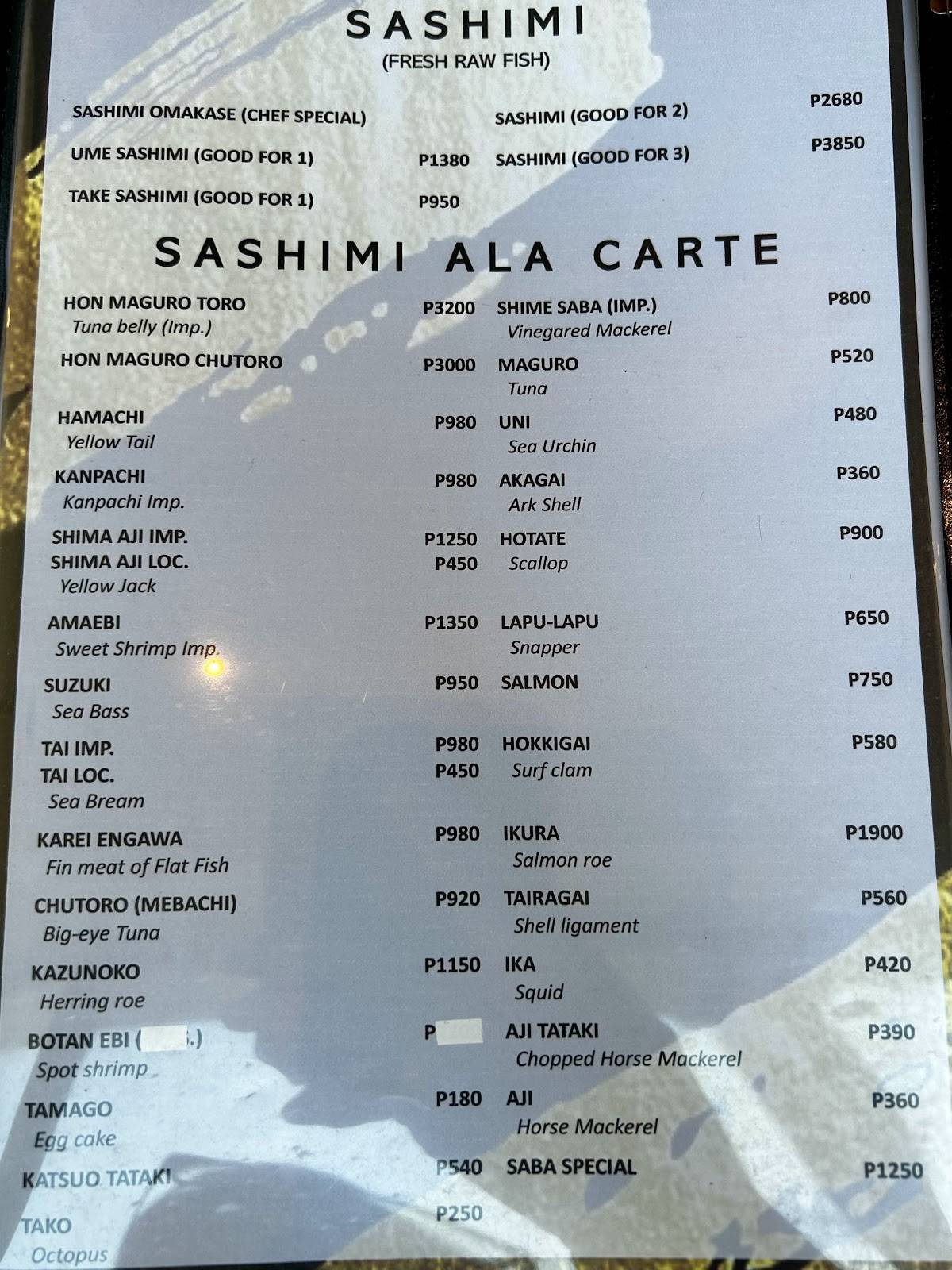 Menu at Tsumura restaurant, Makati