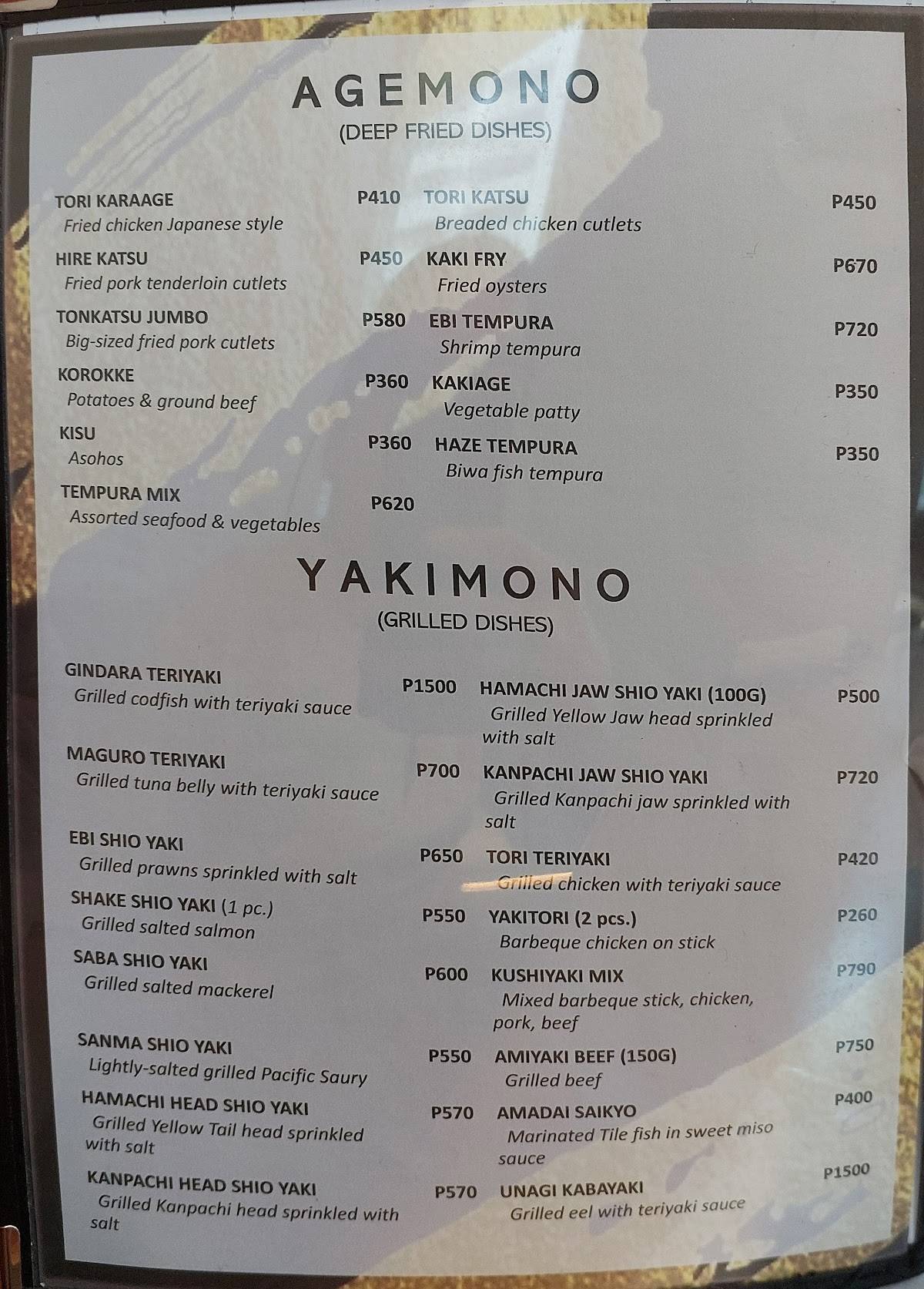 Menu at Tsumura restaurant, Makati