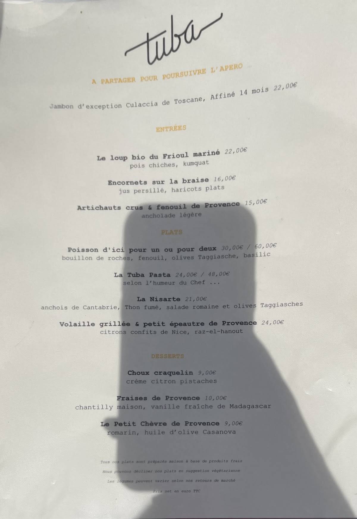 Menu at Tuba Club - Cabanons et Restaurant, Marseille