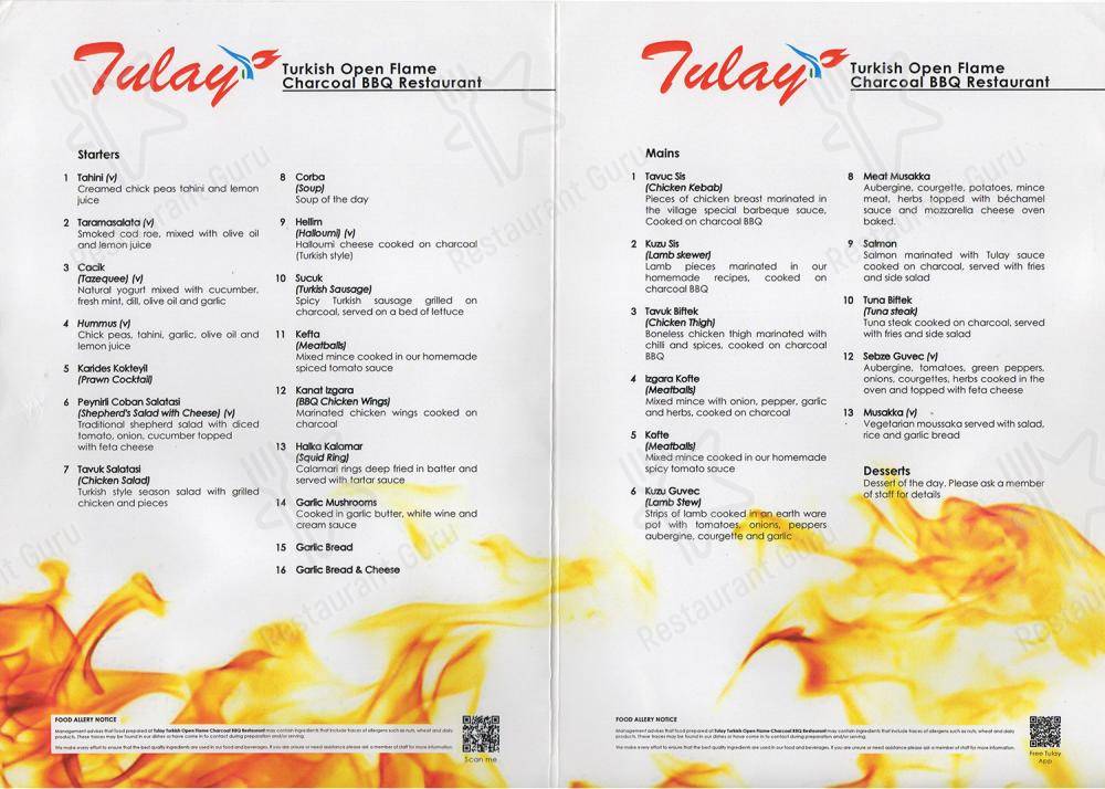 Menu at Tulay Turkish BBQ Restaurant & Bar, Waterloo