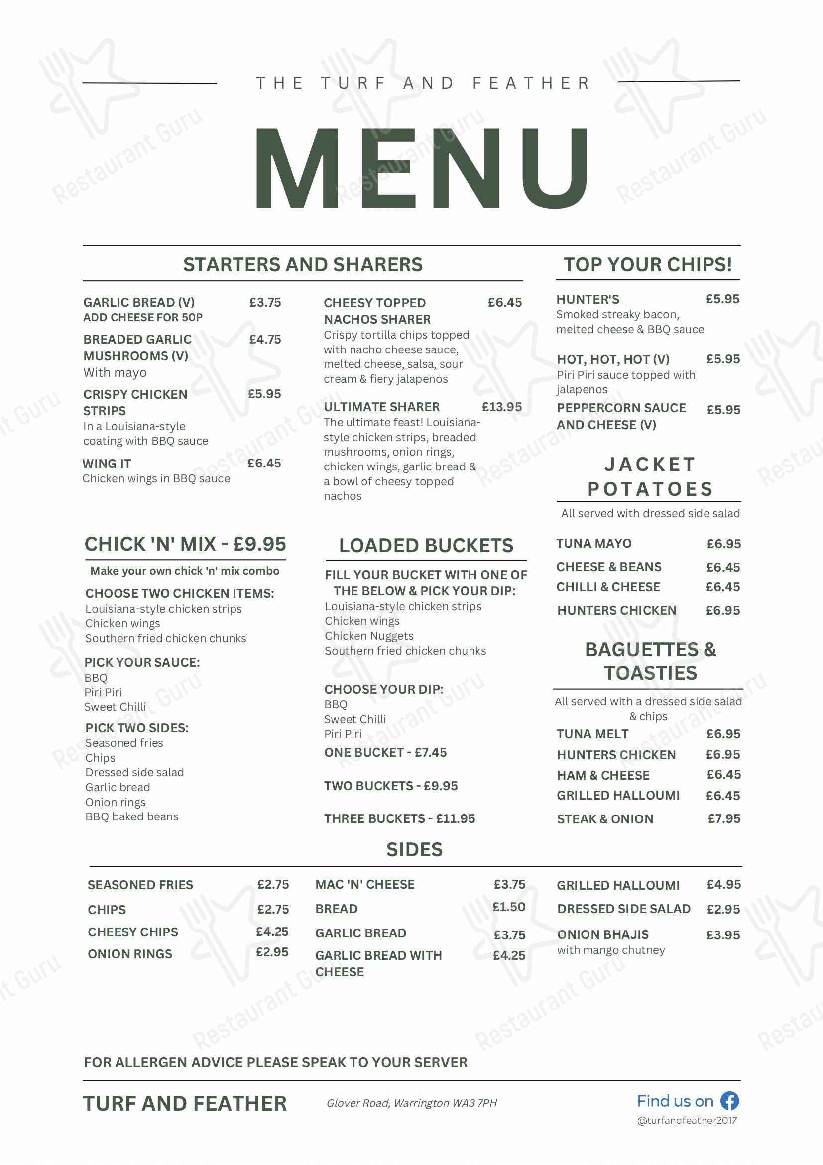 Menu at Turf & Feather pub & bar, Warrington