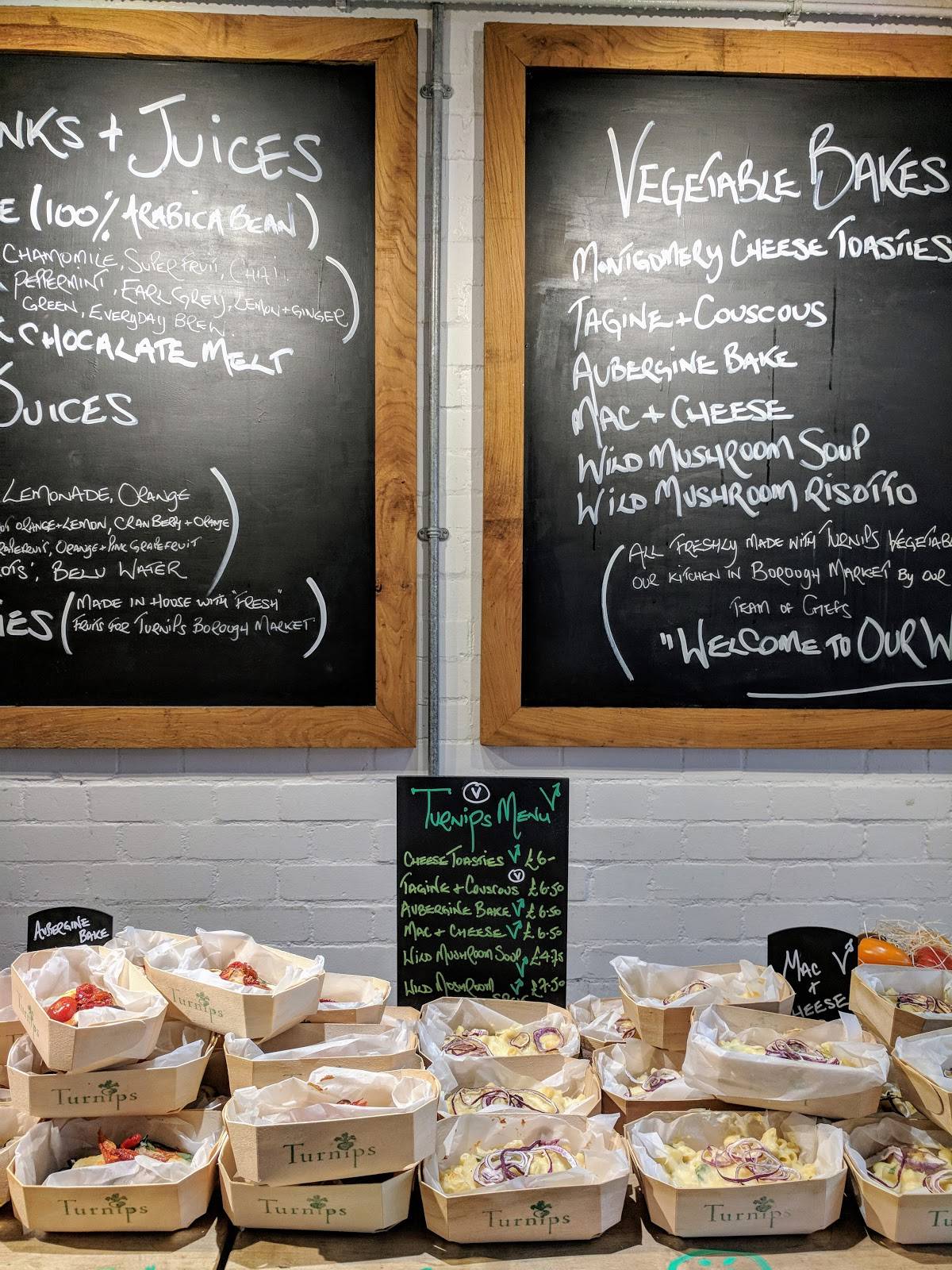 Menu at Turnips restaurant, London, 6 Greenwich Market