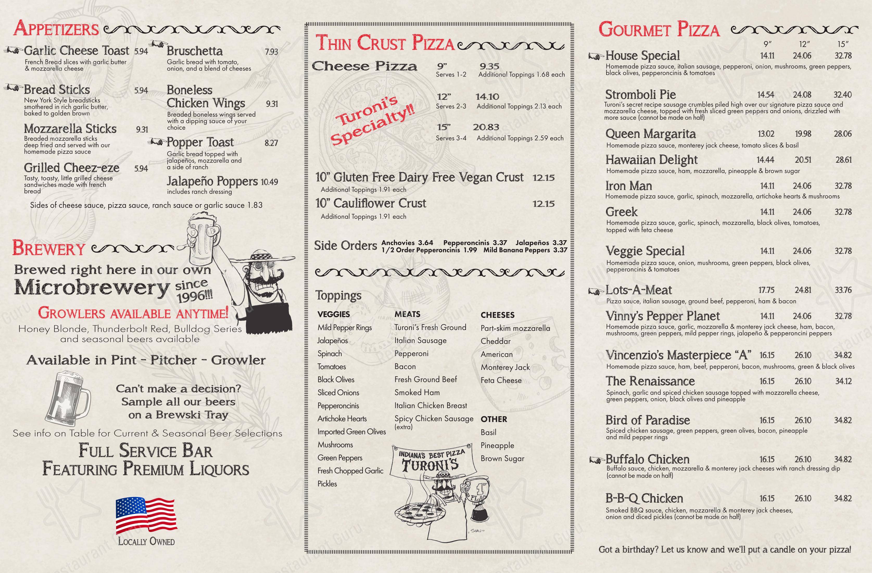 Menu at Turoni's Pizzery & Brewery pizzeria, Evansville, 408 N Main St