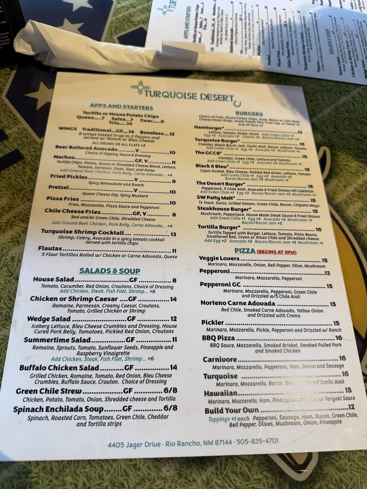 Menu at Turquoise Desert Taproom pub & bar, Rio Rancho, Jager Way NE E