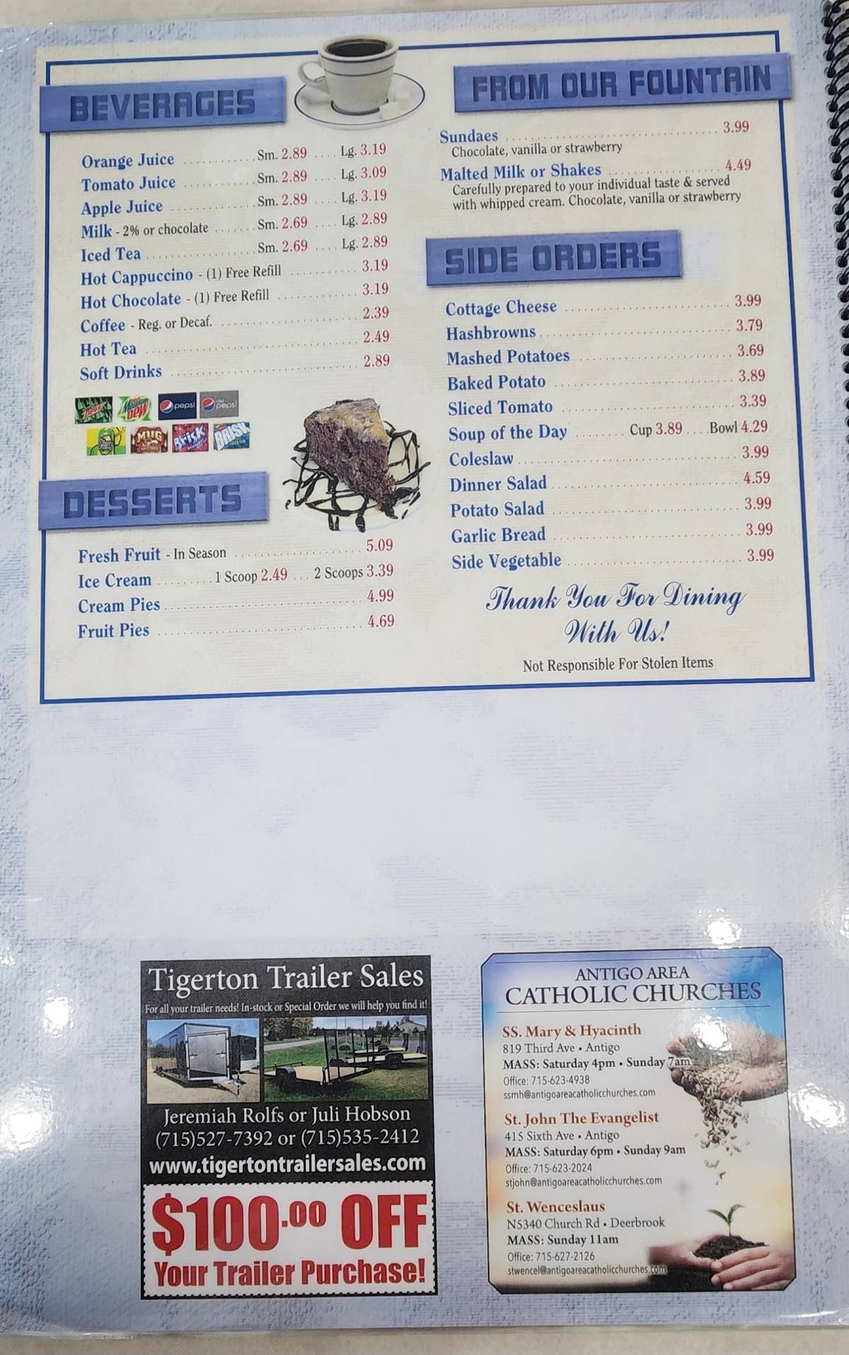 Menu at Two Angels Family Restaurant, Antigo